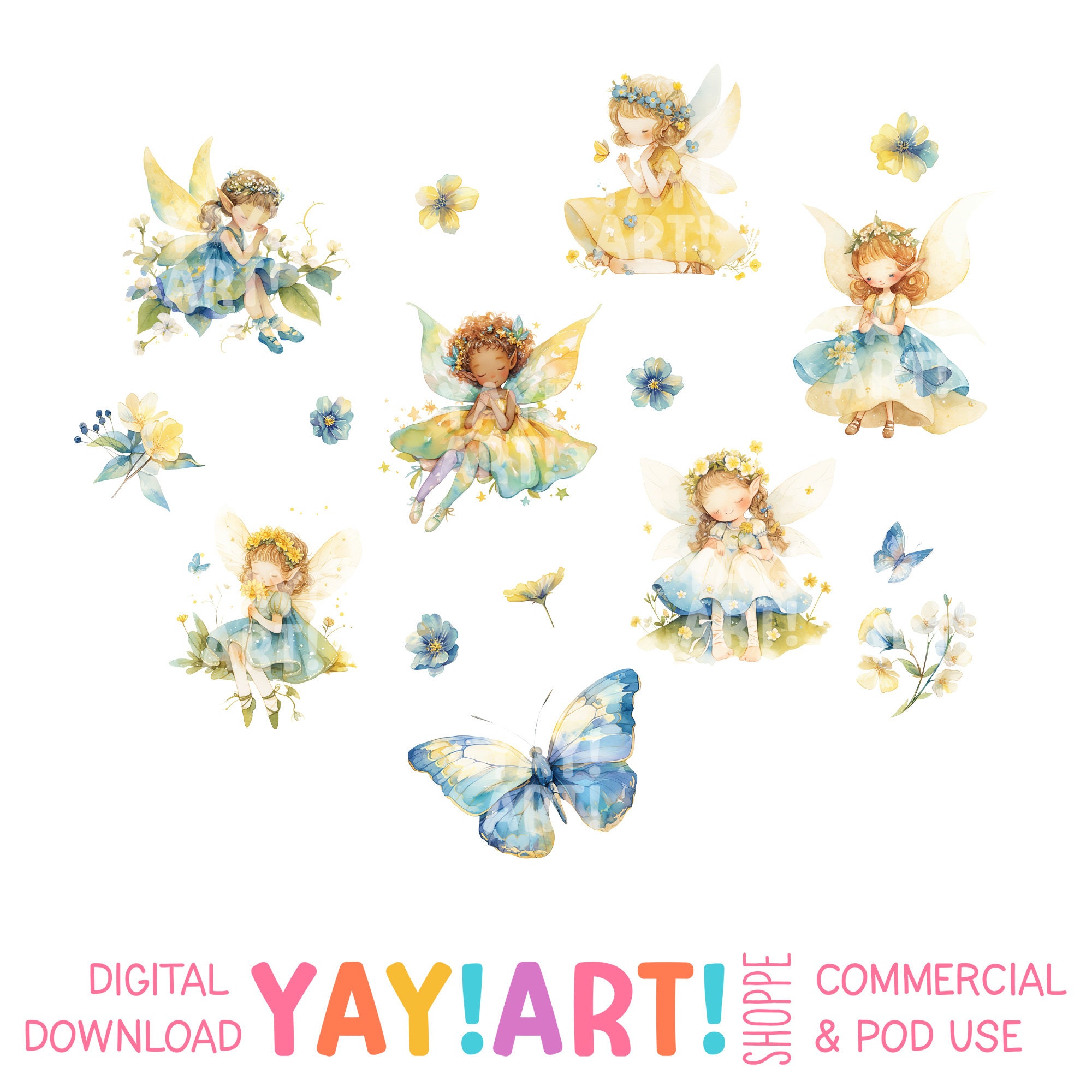 Blue & Yellow Fairies Clipart Bundle Set, Cute Fairy Watercolor ...