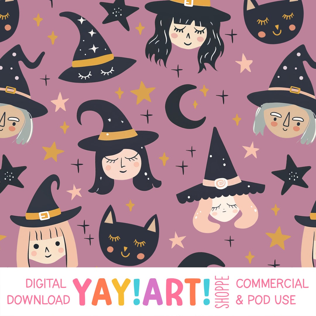 Cute Witches on Purple Seamless Pattern, Creepy Cute Halloween Repeat ...