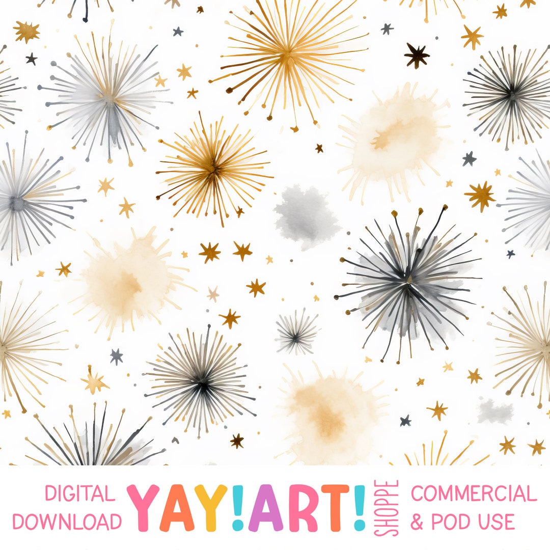 Fireworks on White Seamless Pattern, Watercolor Firework Bursts, New ...