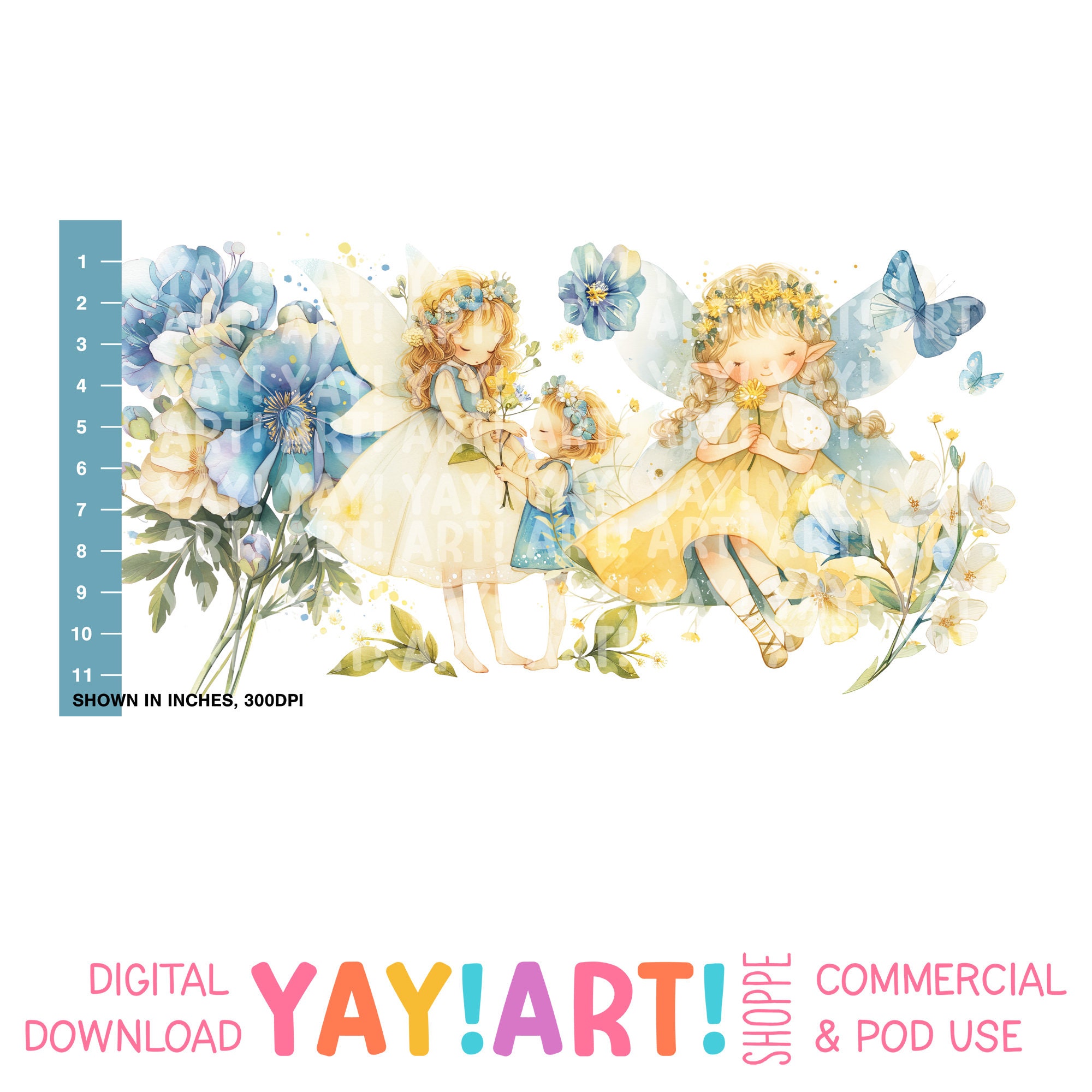 Blue & Yellow Fairies Clipart Bundle Set, Cute Fairy Watercolor ...