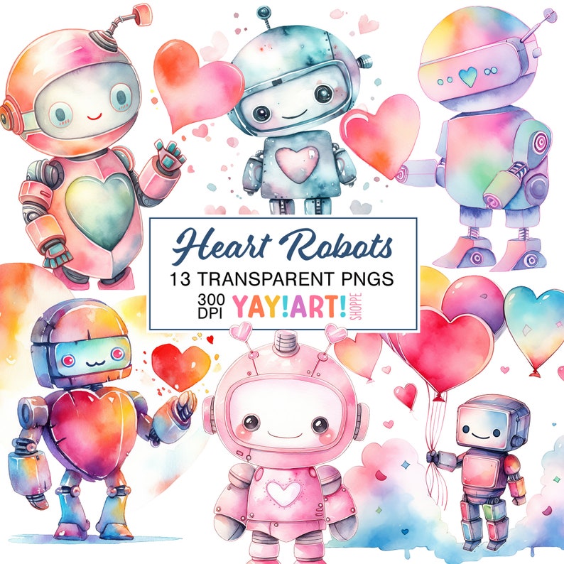 Heart Robots Watercolor Clipart Bundle Set, Cute Robots Whimsical ...