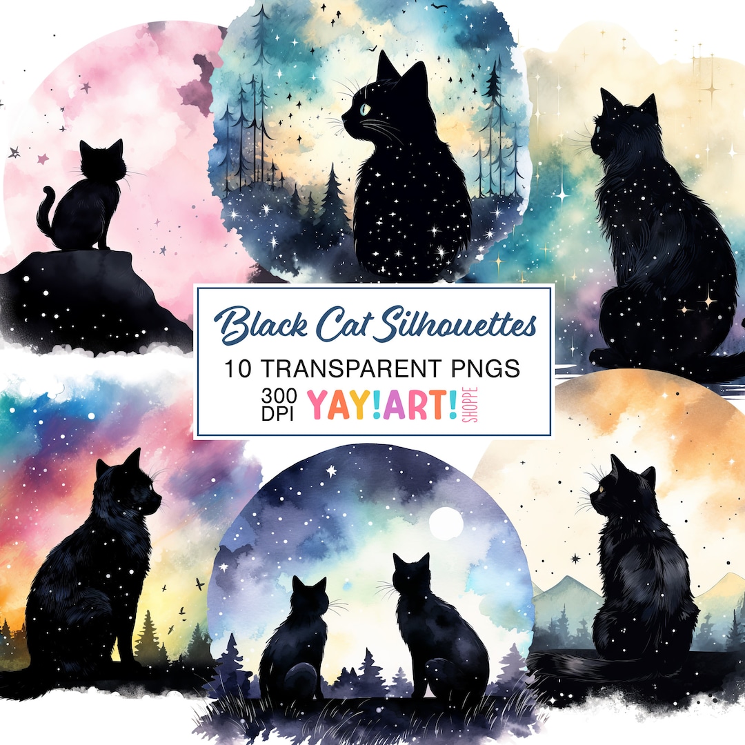 Black Cat Silhouettes Clipart Bundle Set, Cute Kitties Illustrations ...