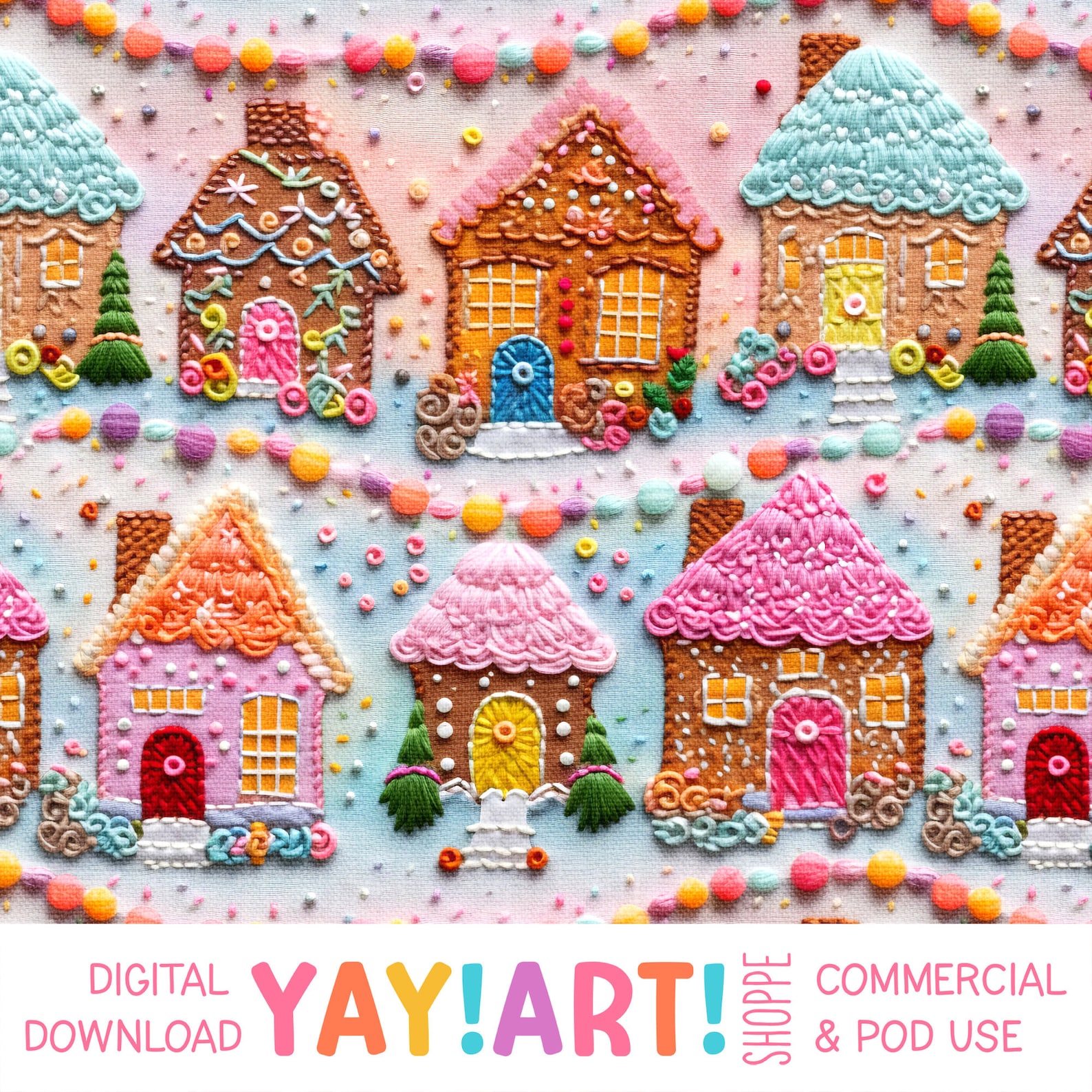 Embroidered Gingerbread Houses Seamless Pattern, Faux Embroidery Thread ...