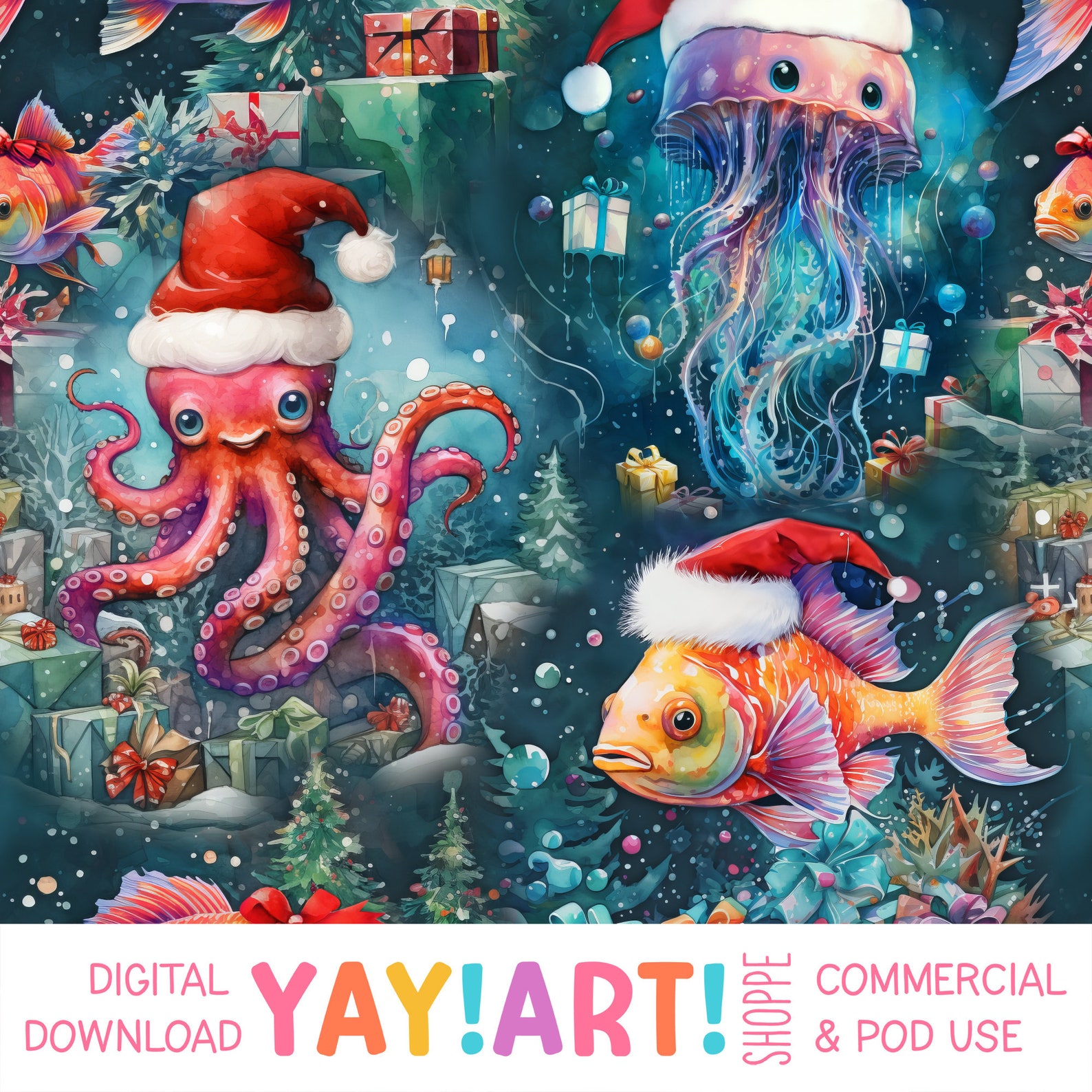Undersea Christmas Seamless Pattern, Watercolor Ocean Animal Pattern ...