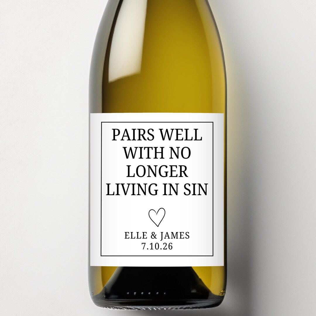 No Longer Living in Sin Wine Label, Custom Newlywed Gift Groom Bride ...