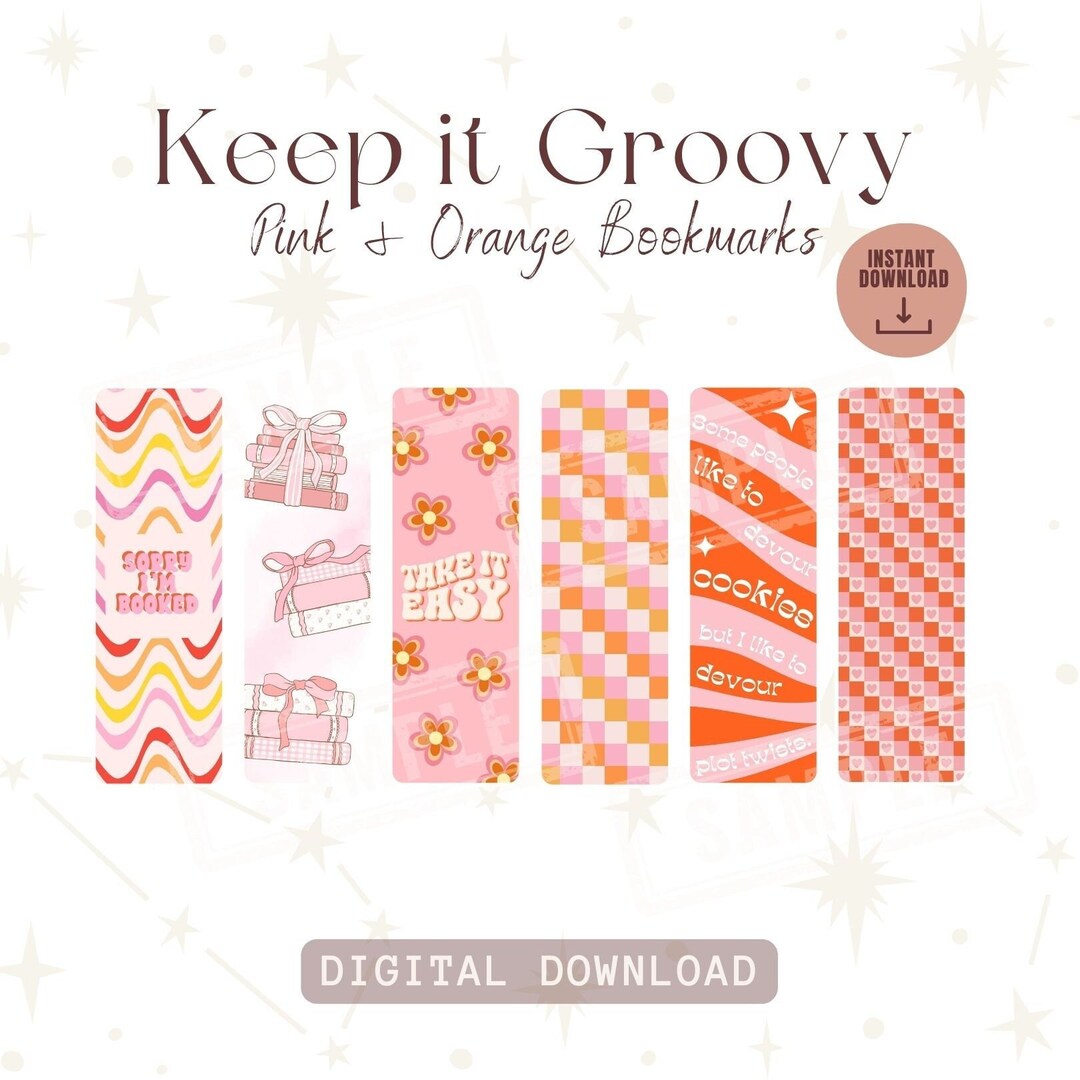 Groovy Retro Bookmarks: Pink and Orange Funky Designs (digital Download ...