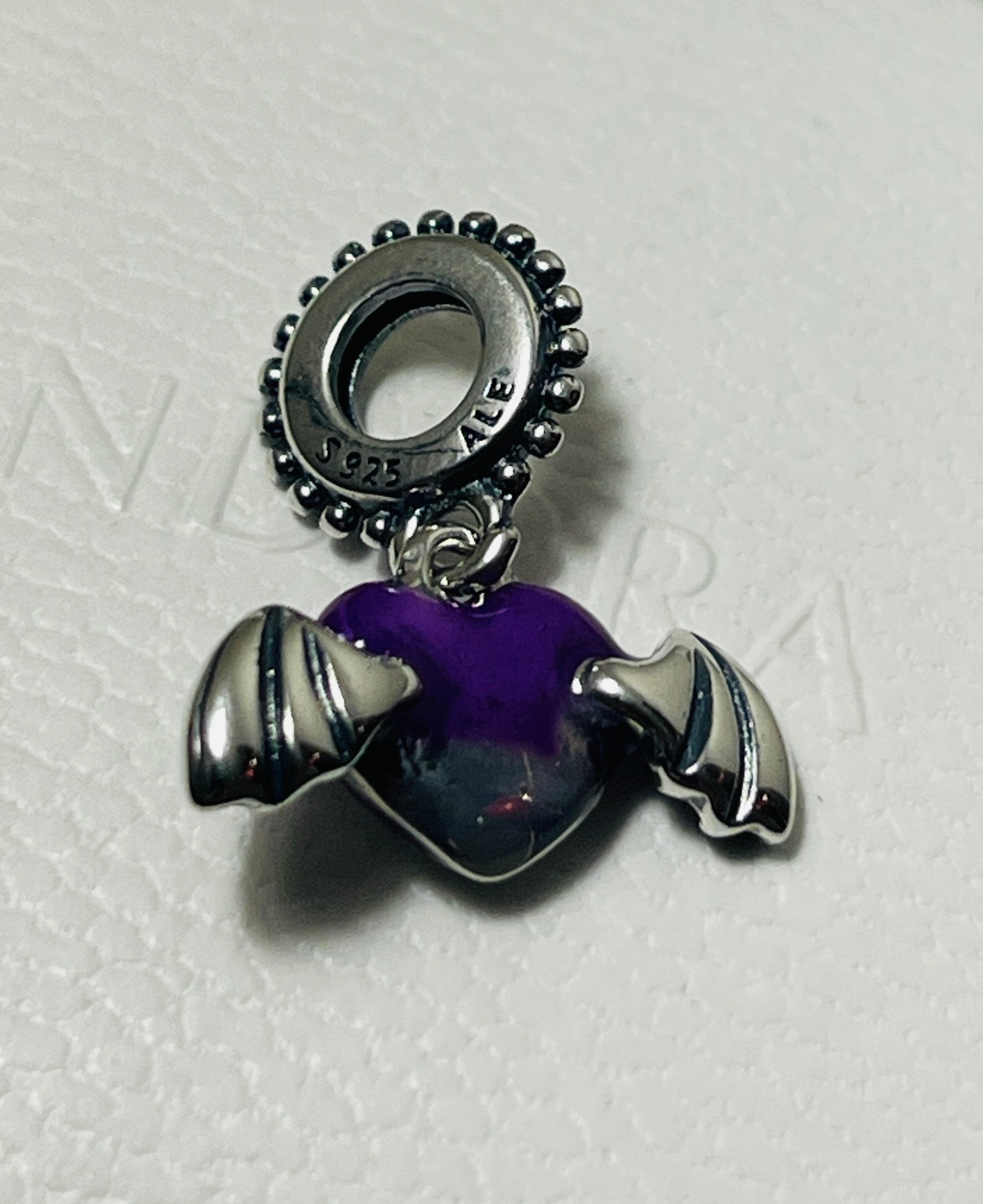 PANDORA 925 Purple Vampire Winged Heart Charm Genuine After Halloween ...