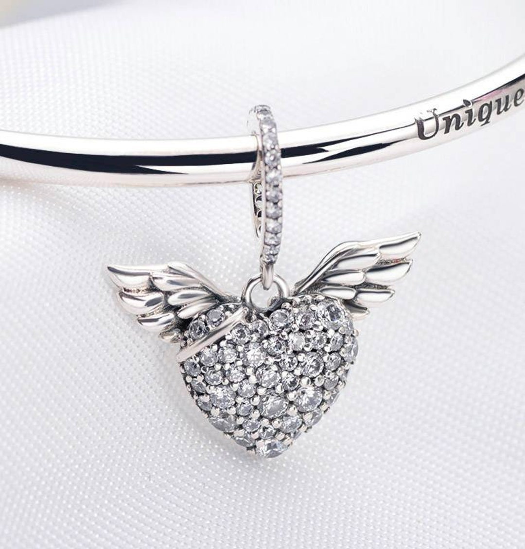 Clear Sparkling Pave Heart & Angel Wings, Pandora Silver Dangle Charm ...