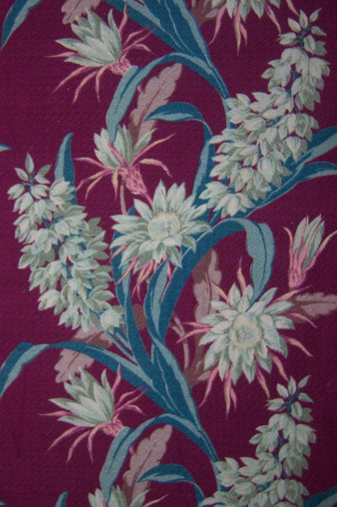 1940s BARKCLOTH FABRIC Hacienda YUCCA Burgundy Aqua Green Floral 45 X ...