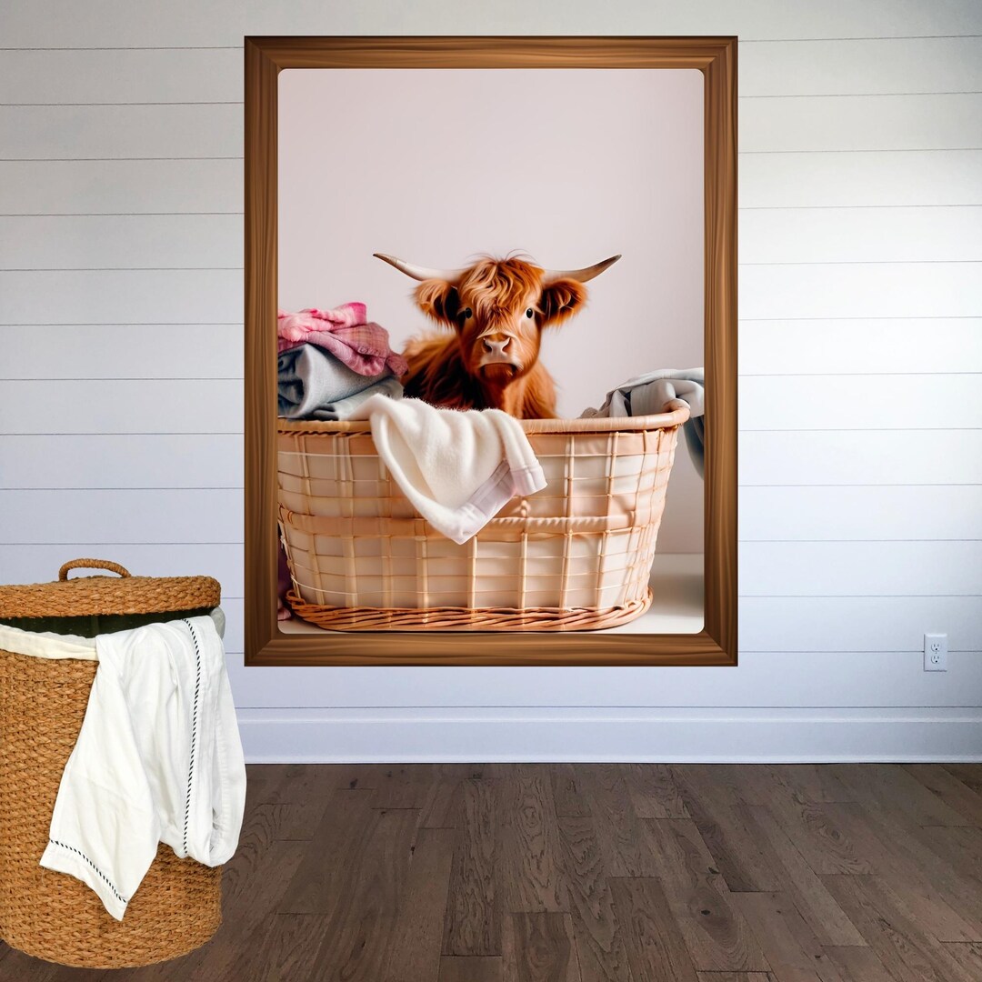 Baby Highland Cow in Laundry Basket Printable, Cute Farm Animal Digital ...