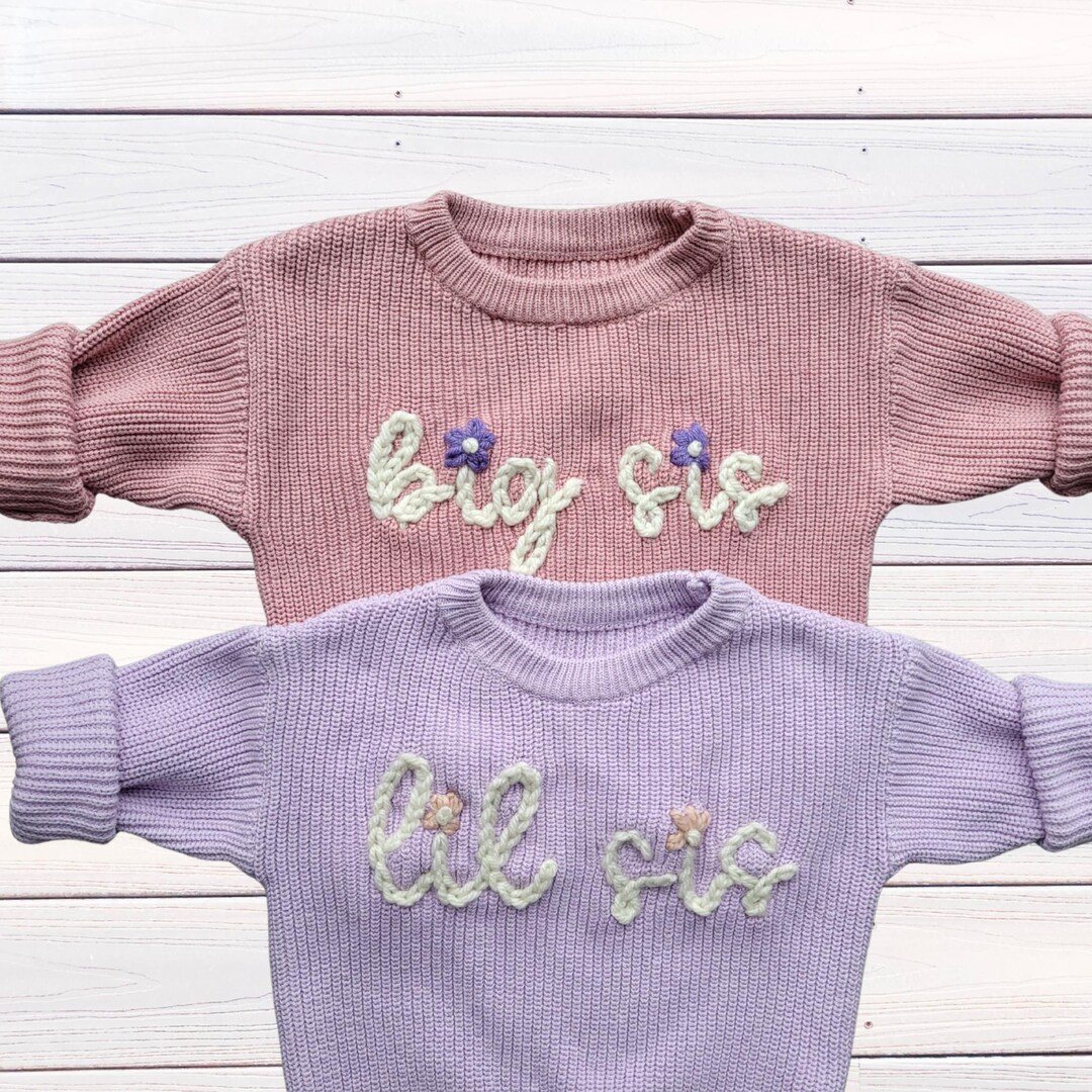 Big Sis Sweater, Lil Sis Sweater, Pink Hand Embroidered Sweaters, Matching Sibling, Custom Baby ...