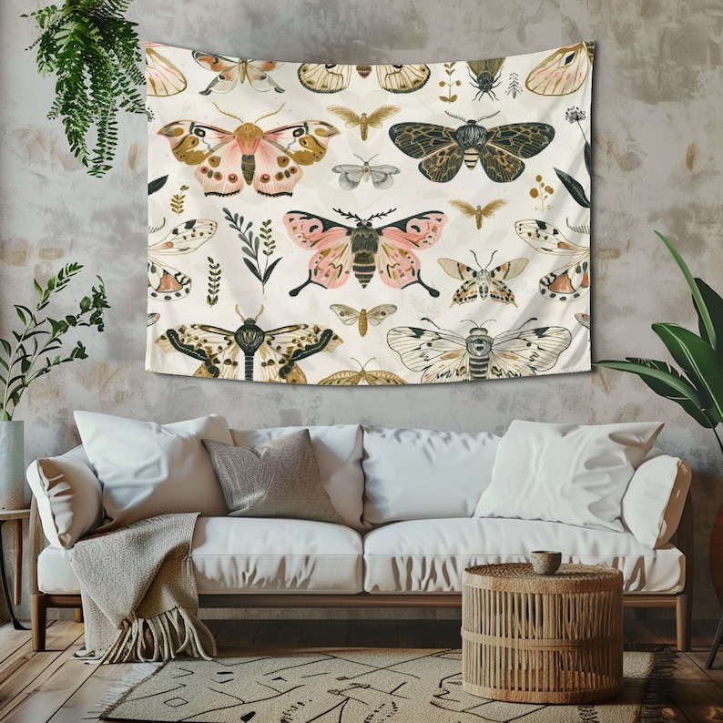 Pastel Boho Butterflies and Flowers Wall Tapestry Wall Hanging Floral ...