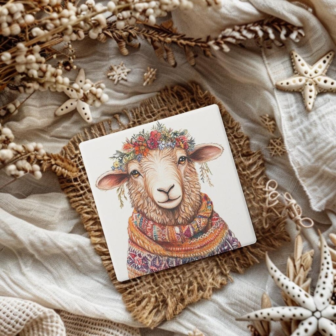Boho Sheep Coasters Set of 4, Floral Animal Coaster, Coffee Coaster ...