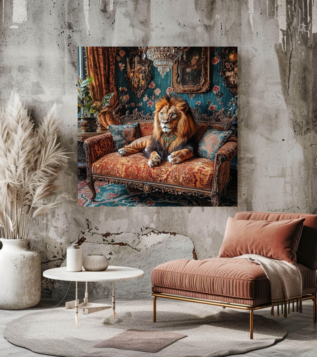 Maximalist Lion Canvas Wall Art, Regal Jungle Decor, Bohemian Animal ...