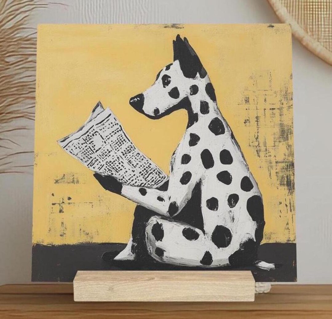 Whimsical Dalmatian Reading A Book Art, Whimsical Home Decor, Dalmatian ...
