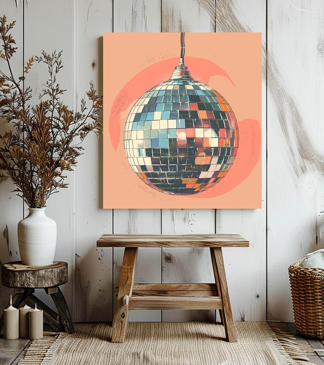Retro Disco Ball Canvas Ready to Hang Decor, Large Boho Hippie Room ...