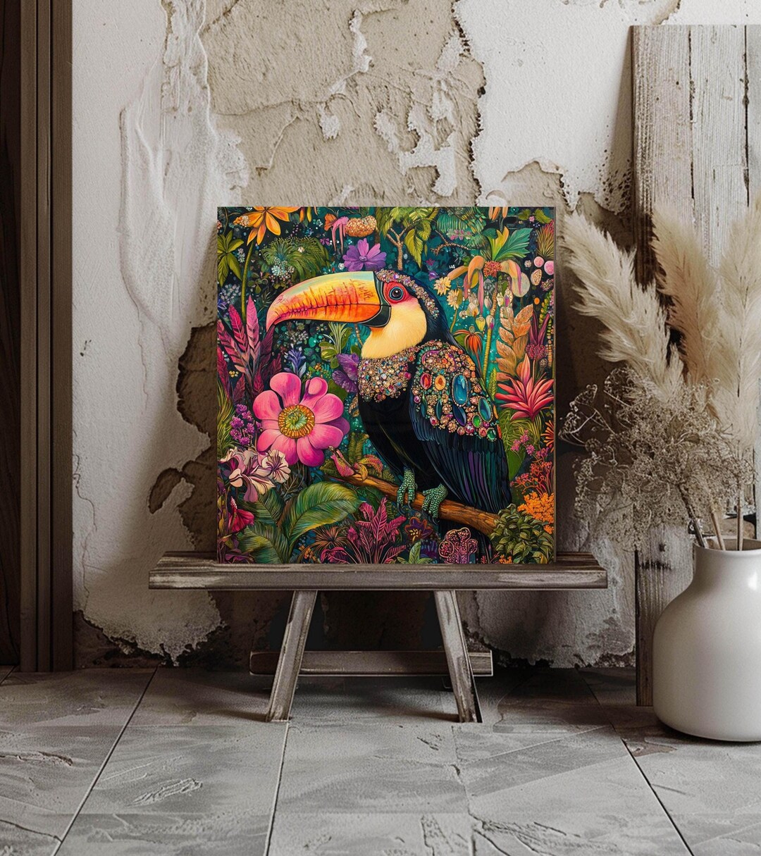 Maximalist Toucan Canvas Wall Art, Tropical Jungle Decor, Colorful ...