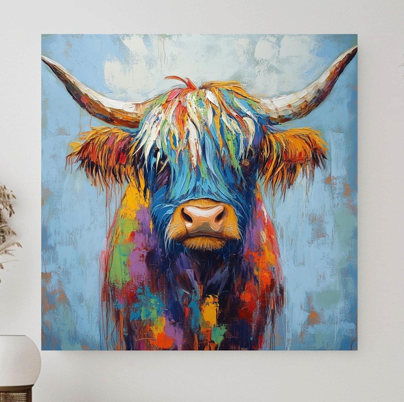 Highland Cow Canvas Wall Art Painting, Colorful Animal Portrait, Rustic ...