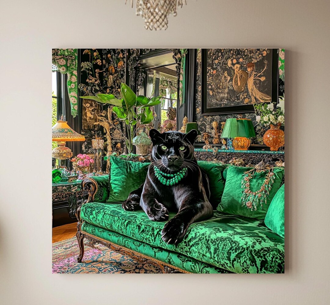 Vintage Maximalist Panther Art Canvas, Bold Animal Wall Art, Eclectic ...