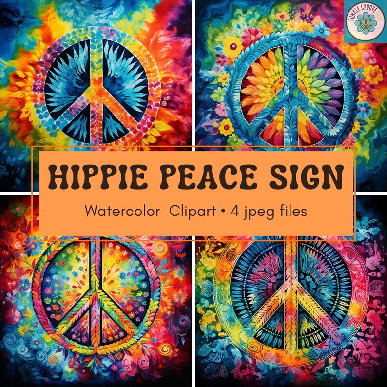 Hippie Peace Sign Digital File Bundle Of 4 Jpeg File Hippie Peace Watercolor Clipart Clip
