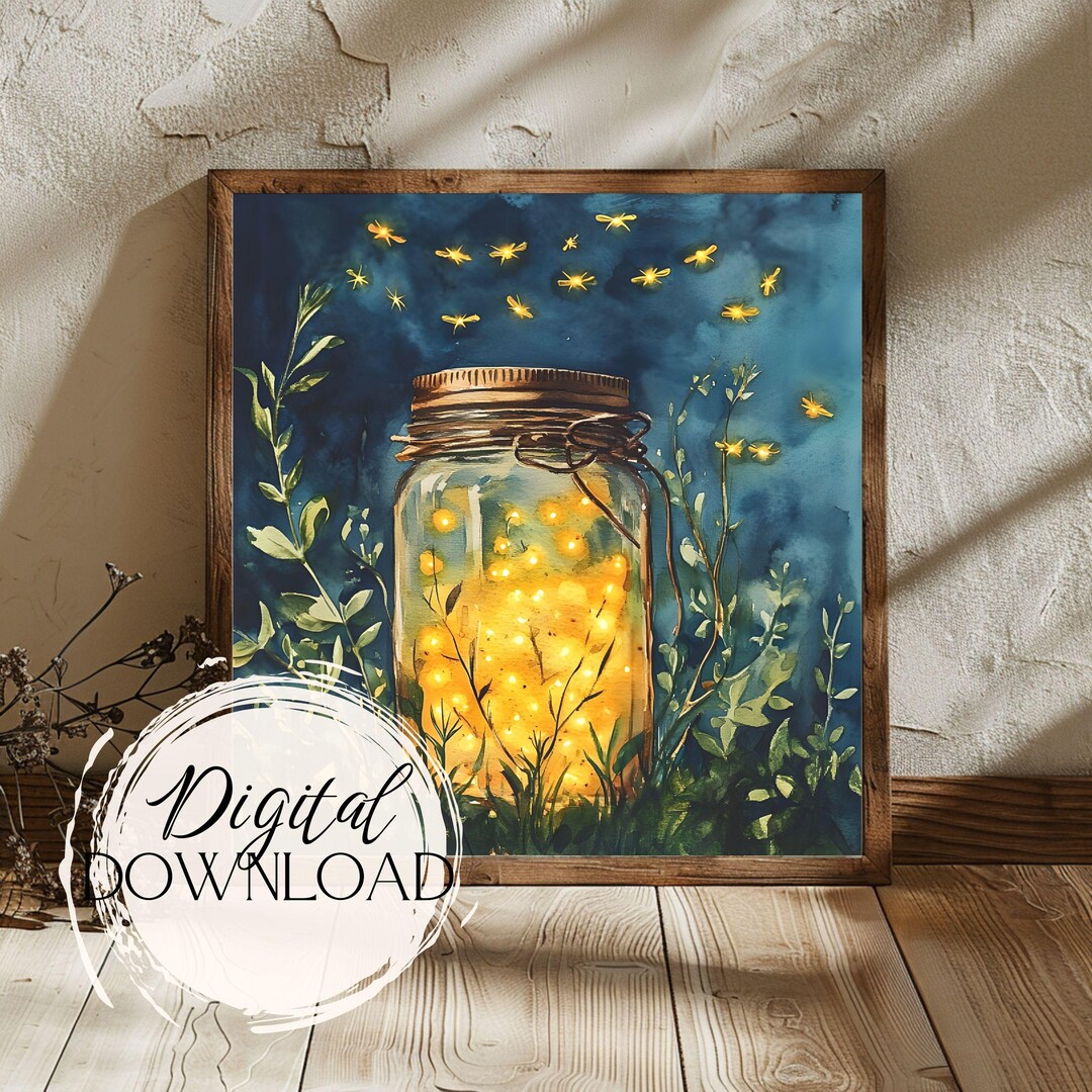 Glowing Fireflies in a Jar Printable Art, Fireflies Digital Art ...