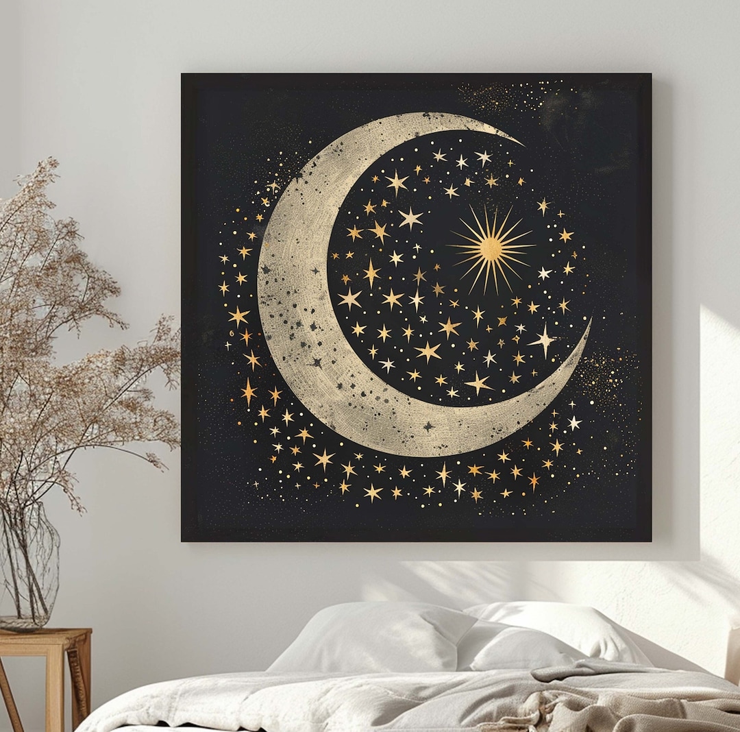 Celestial Stars and Moon Mystical Canvas Wall Art Home Decor, Moody ...
