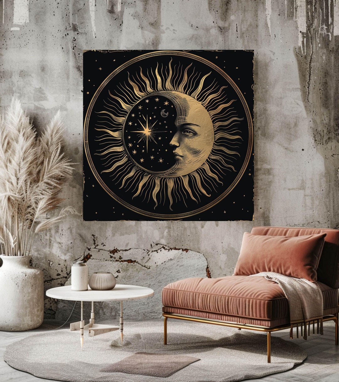 Vintage Sun and Moon Canvas Wall Art, Celestial Poster, Mystical Wall ...