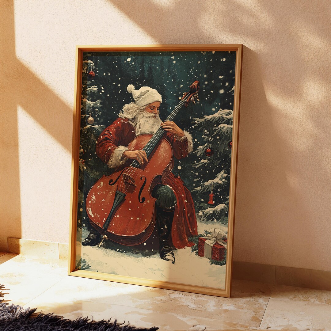 Santa Playing Cello Wall Art, Musical Christmas Framed Canvas, Cozy ...