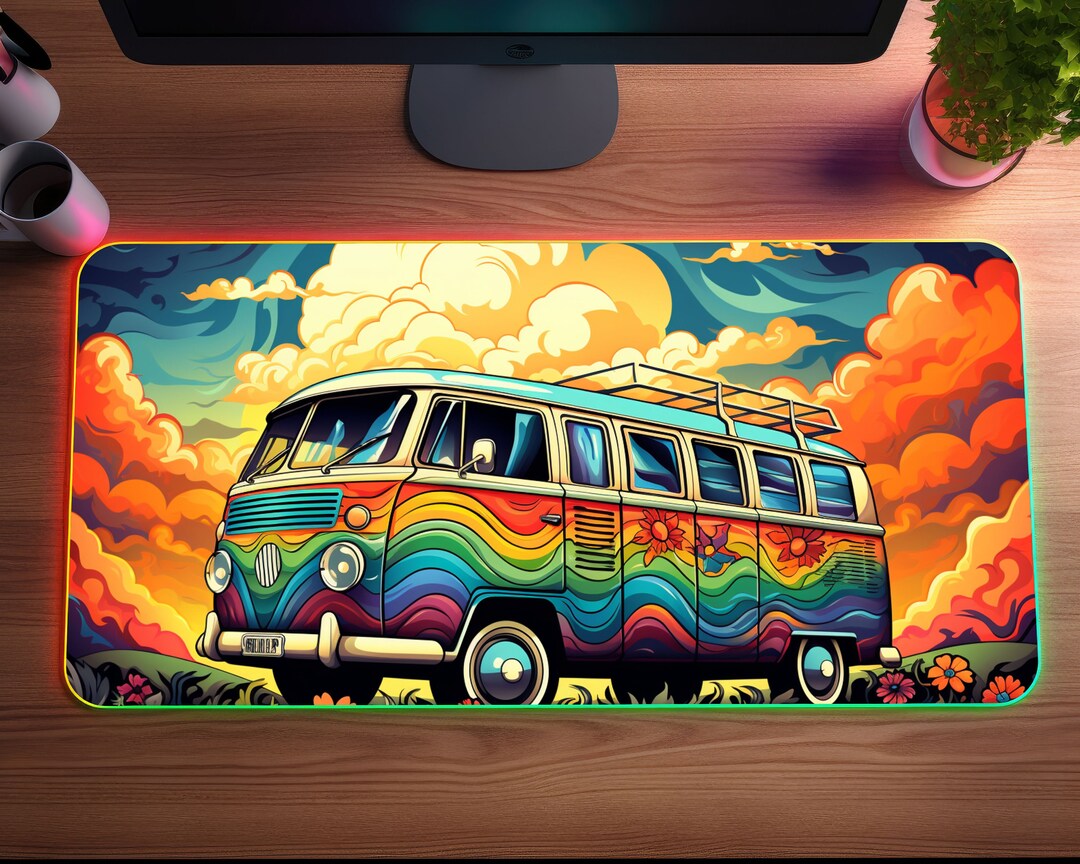 Retro Psychedelic Hippie Van Desk Mat Pad. Gaming Mouse Pad LED Retro ...