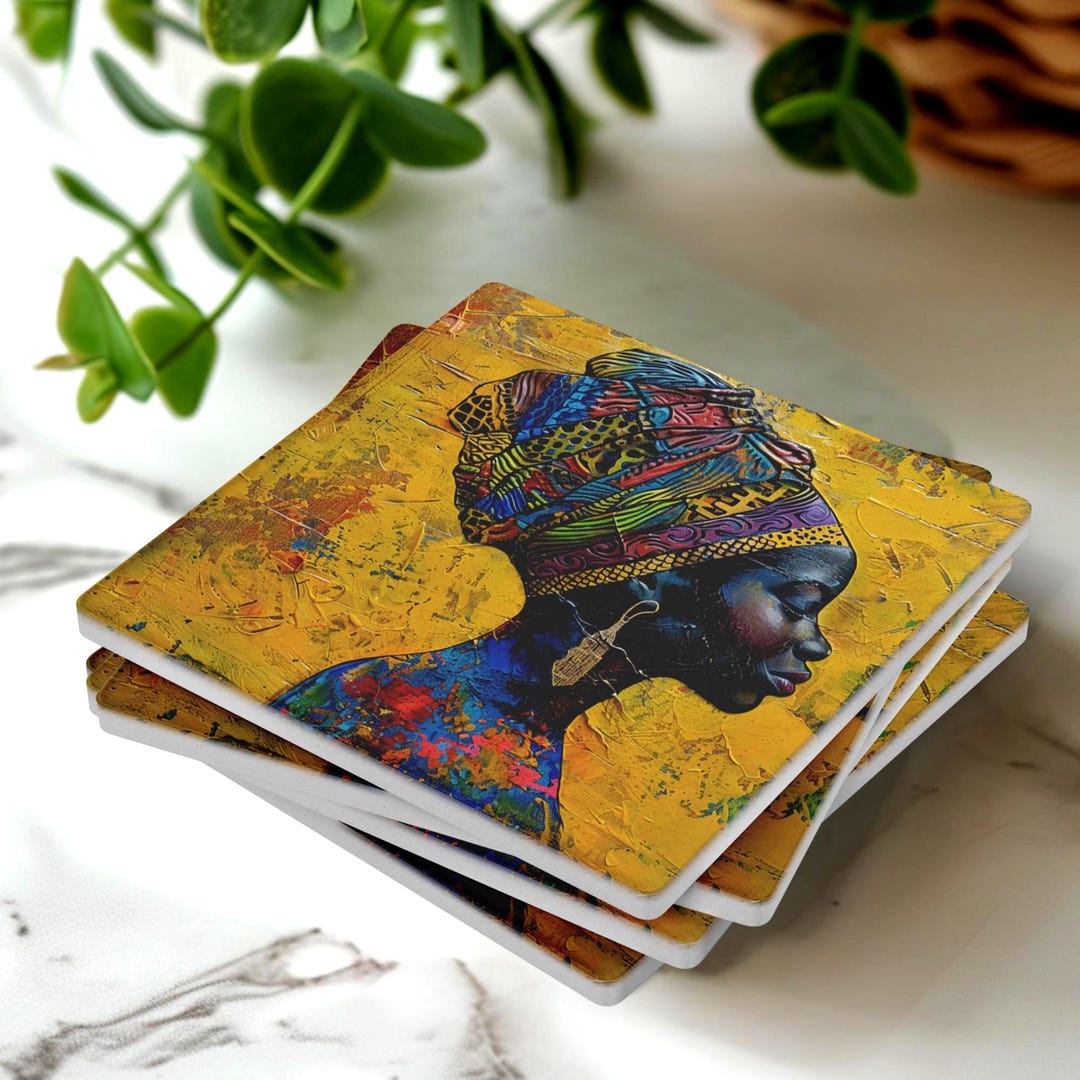 Set of 4 Afrocentric Art Coasters, African Woman Profile Cork Coaster ...