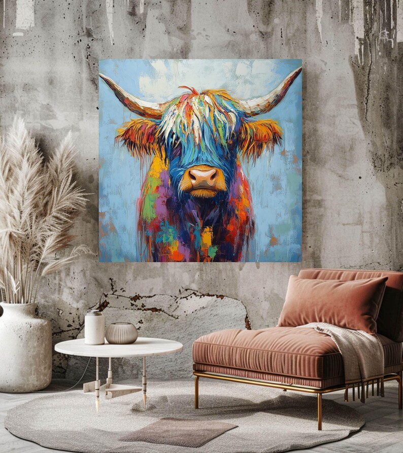 Highland Cow Canvas Wall Art Painting, Colorful Animal Portrait, Rustic ...
