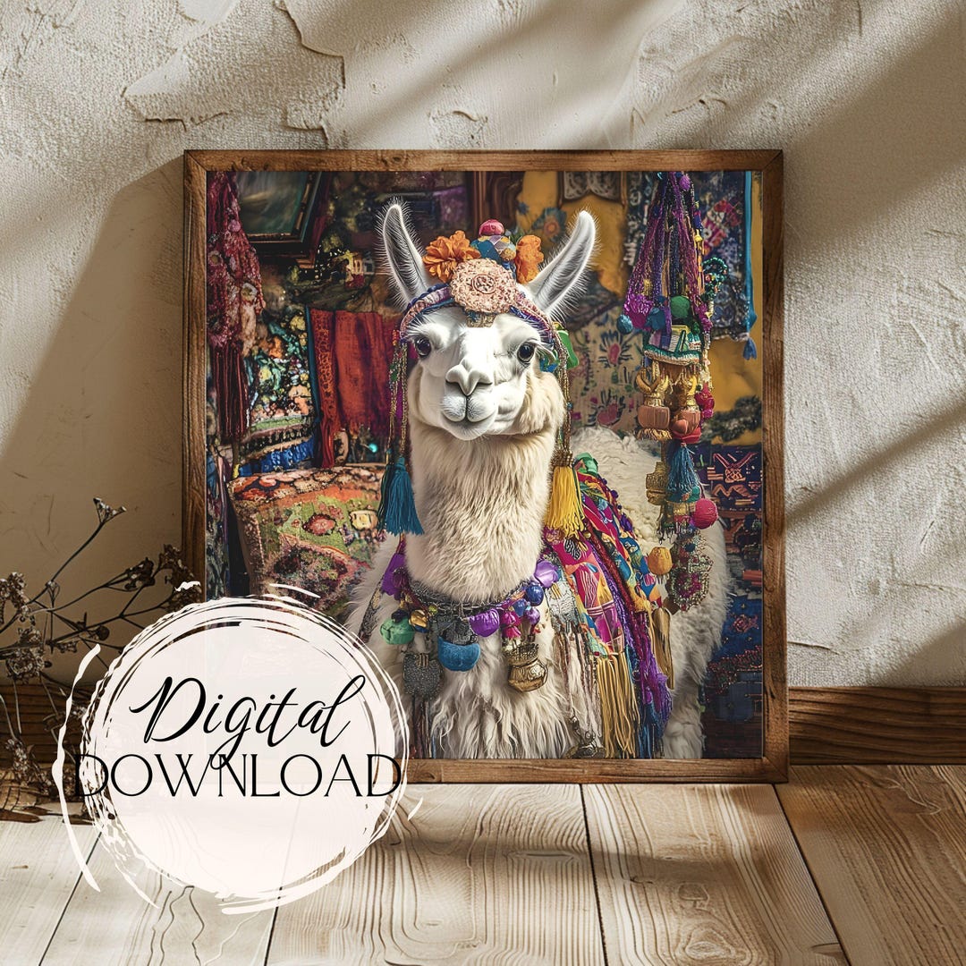 Bohemian Llama Wall Art, Colorful Maximalist Animal Print, Eclectic ...