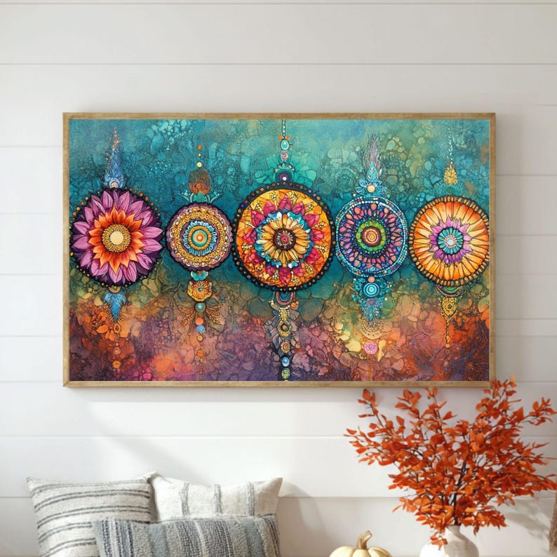 Colorful Mandala Landscape Canvas Art, Boho Circular Floral Pattern ...