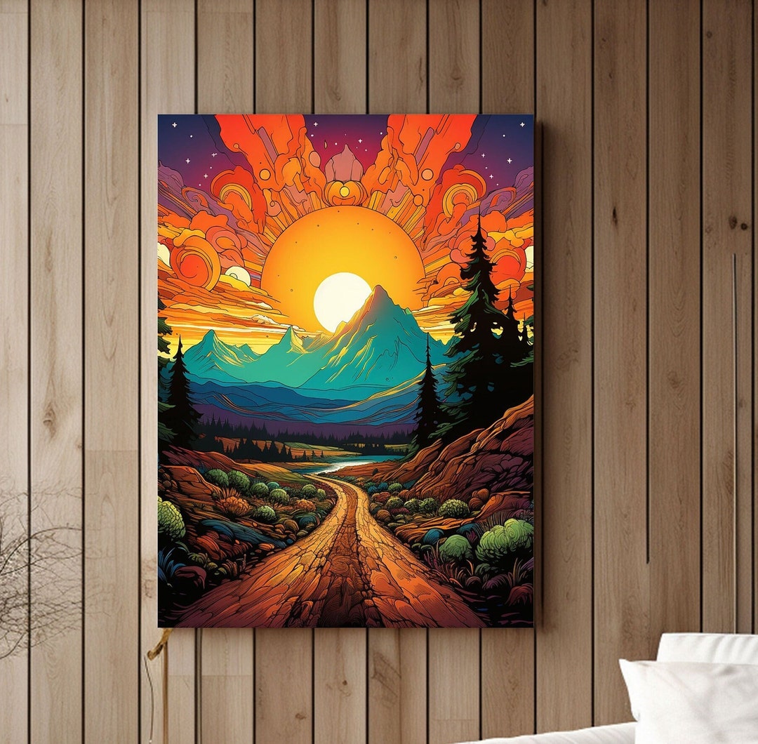 Vibrant Psychedelic Road Canvas Wall Art, Rainbow Journey Canvas Wall ...