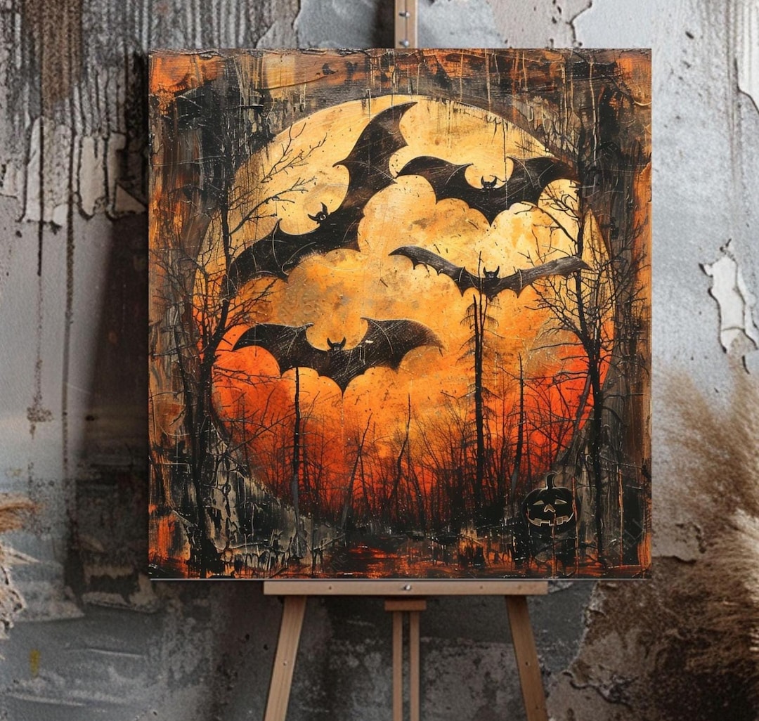 Halloween Bats Canvas Wall Art, Spooky Full Moon Home Decor, Haunted ...