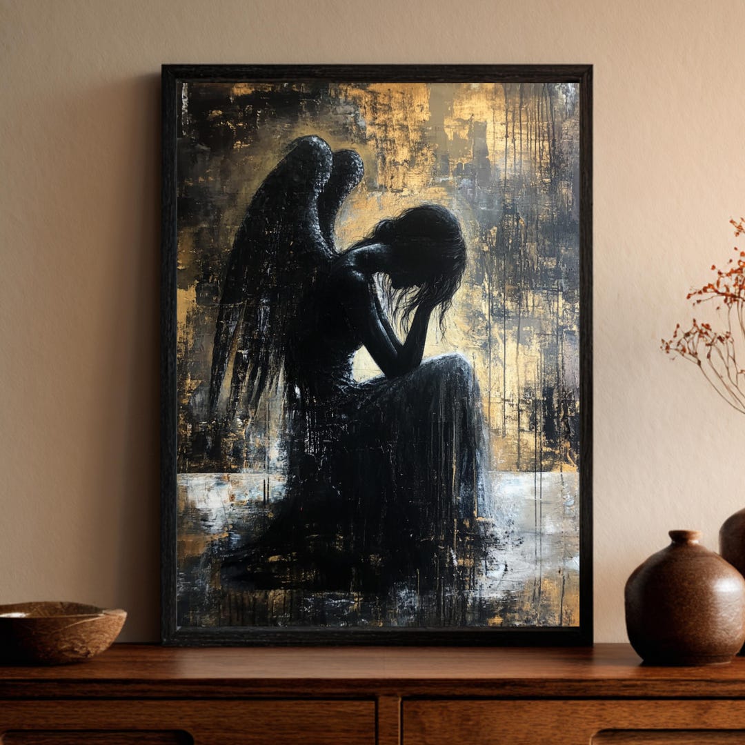 Dark Angel Moody Gothic Canvas Wall Art, Fallen Angel Print, Black Gold ...