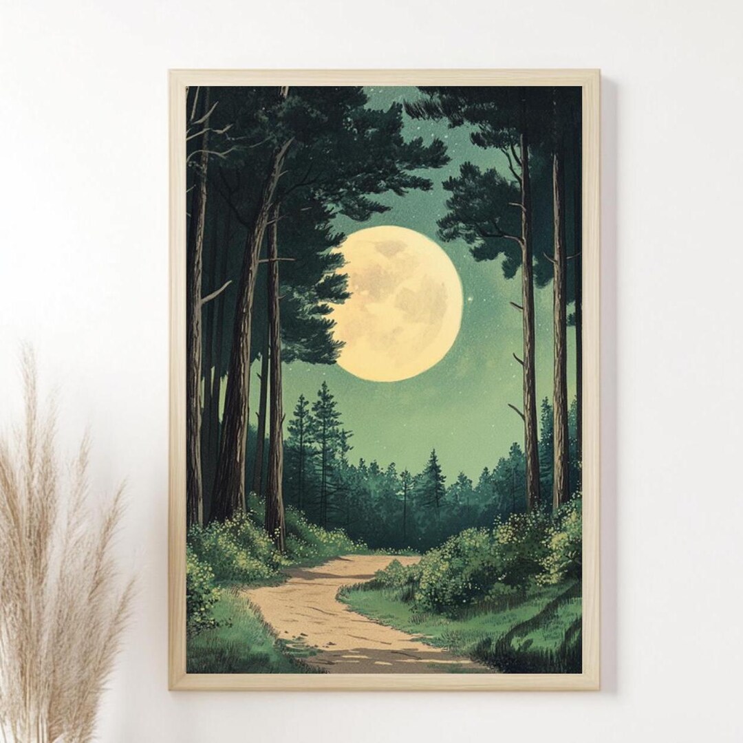 Enchanted Nightscape Wall Art, Wooden Framed Canvas, Glowing Full Moon ...