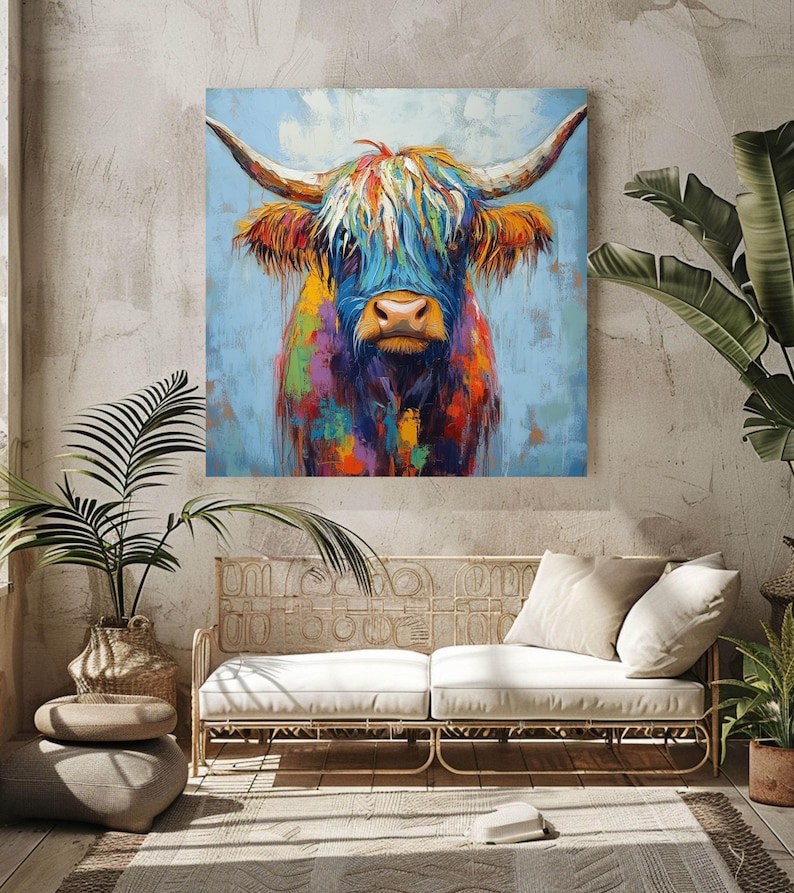 Highland Cow Canvas Wall Art Painting, Colorful Animal Portrait, Rustic ...