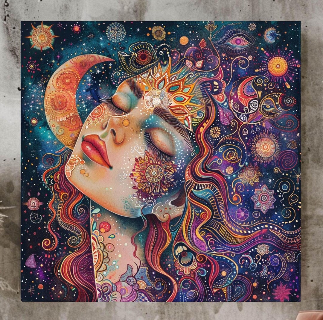 Celestial Woman Wall Art, Mystical Goddess Canvas, Whimsical Witchy Art ...