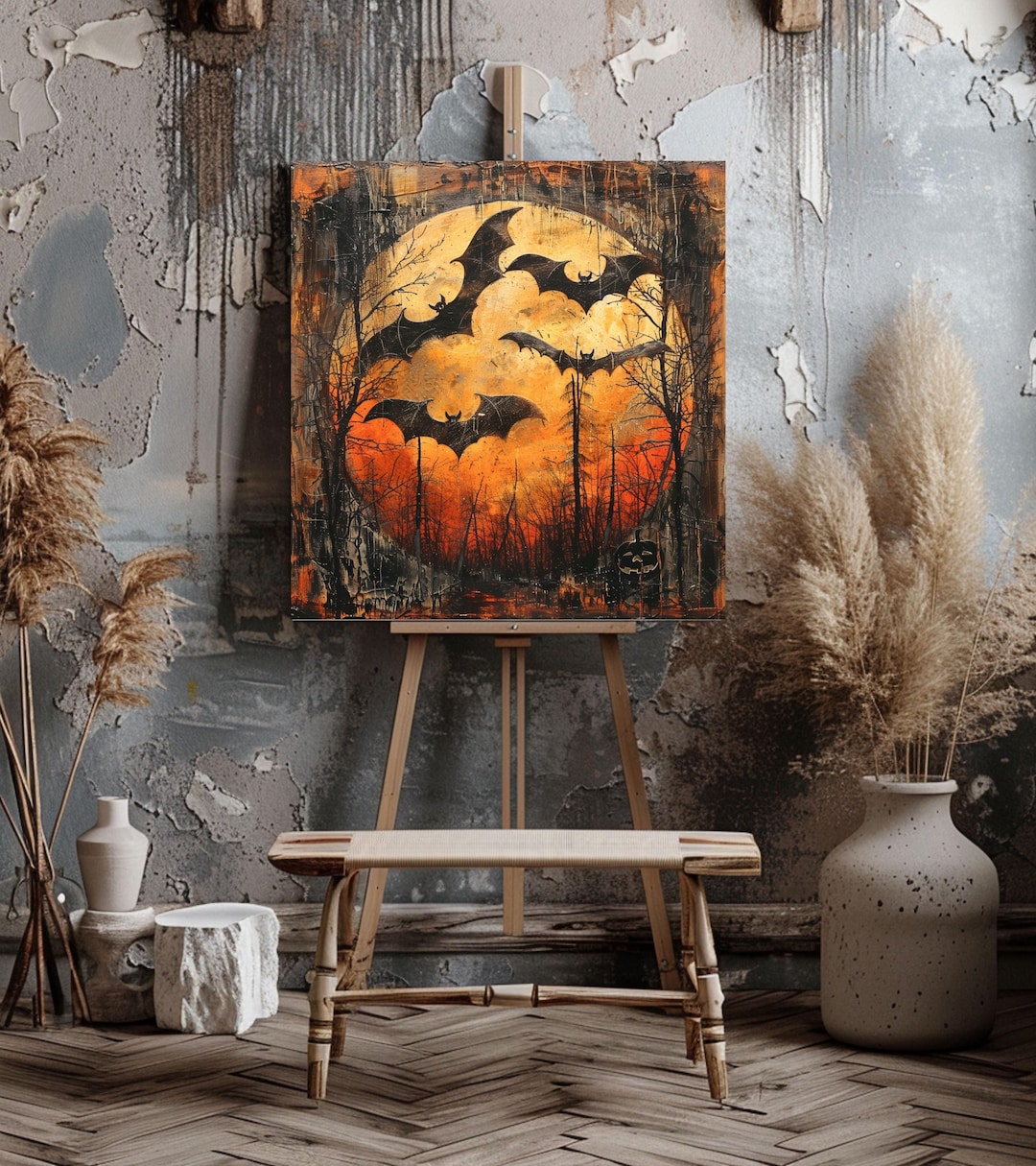 Halloween Bats Canvas Wall Art, Spooky Full Moon Home Decor, Haunted ...