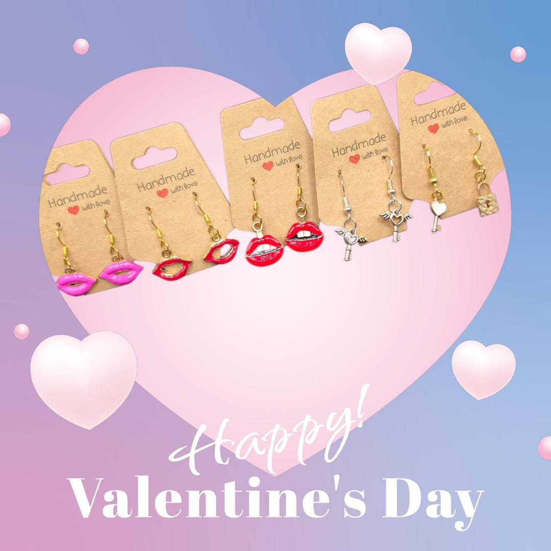 Valentine’s Day Earrings – Lips, Heart Keys & Love Locks; Pink, Red, or ...