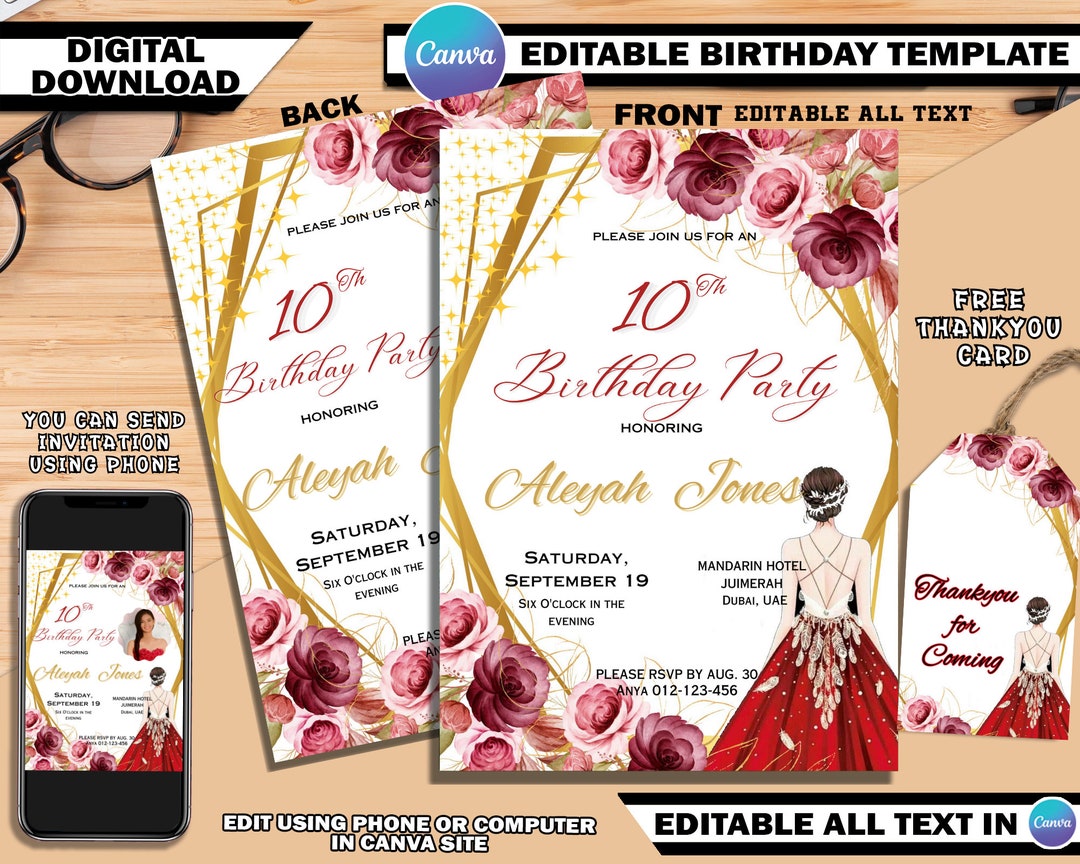 Red Flower Birthday Invitation Card Template 2023 Red Floral - Etsy