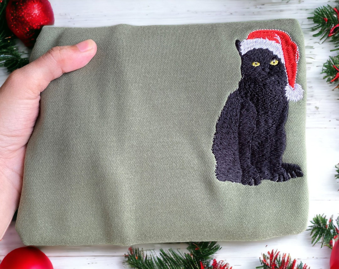 Embroidered Black Cat Santa Christmas Sweatshirt Christmas Cat Sweater ...