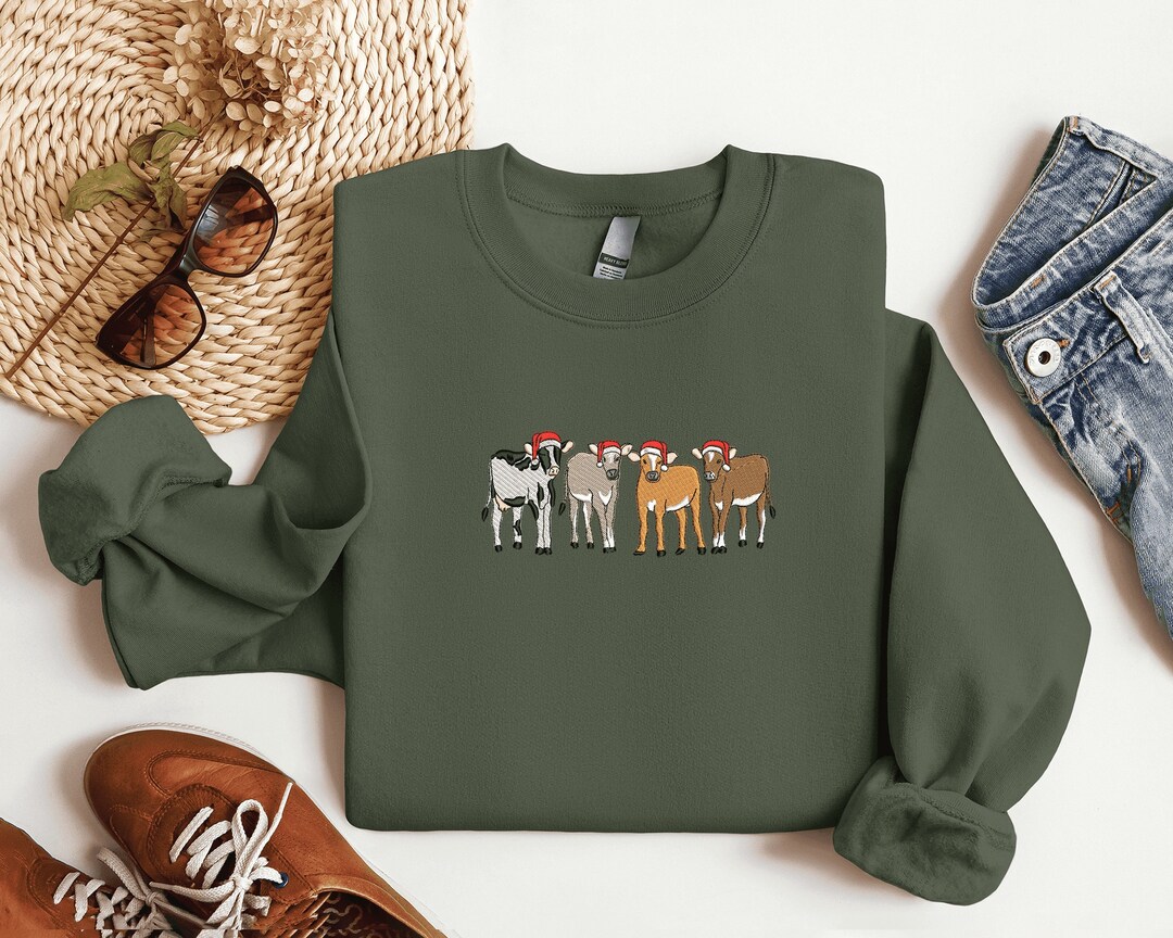 Embroidered Christmas Cows Sweatshirt Highland Cow Christmas Sweater ...