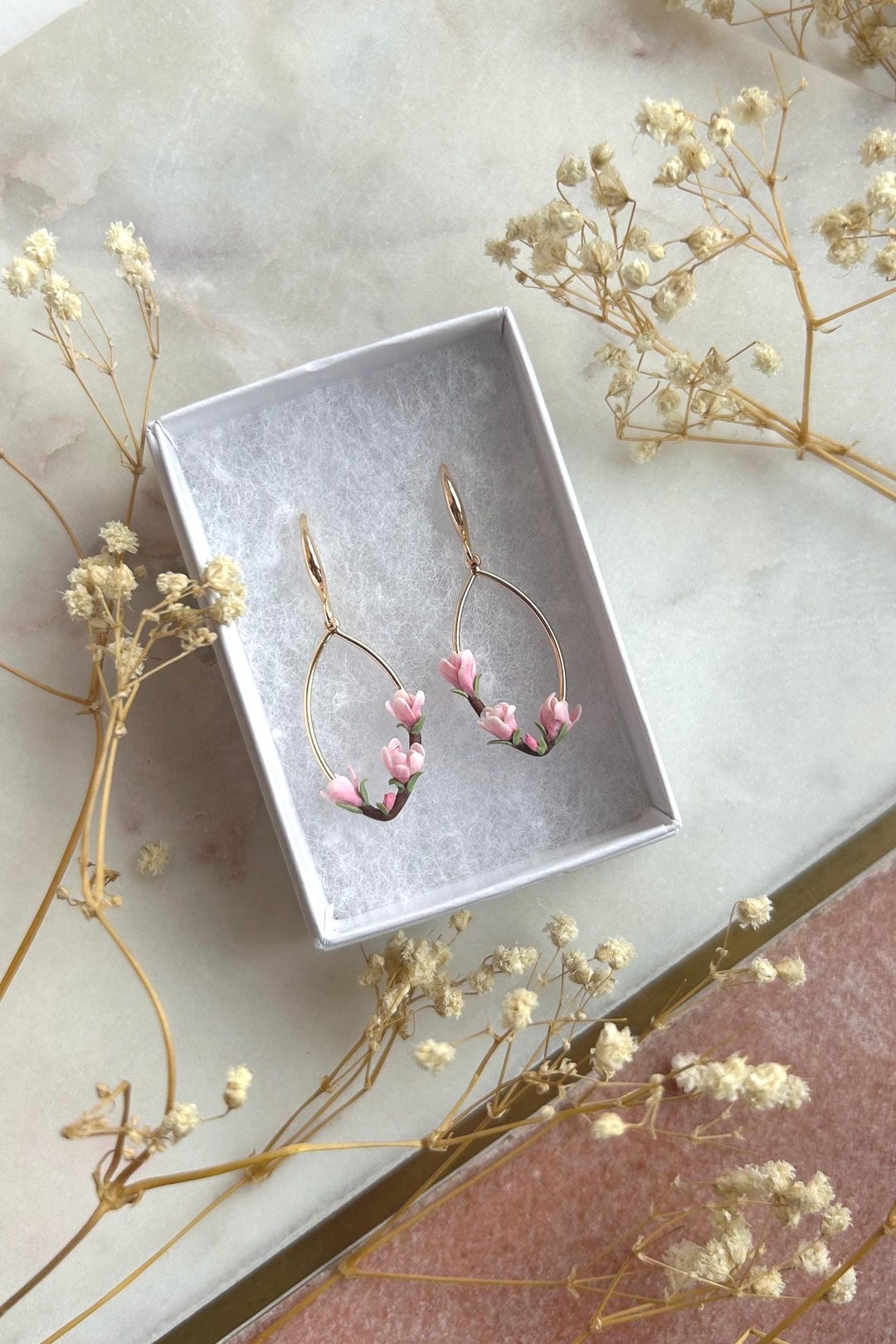 Pink Magnolia Earrings, Flowers Spring Earring Gold Plated Oval ...