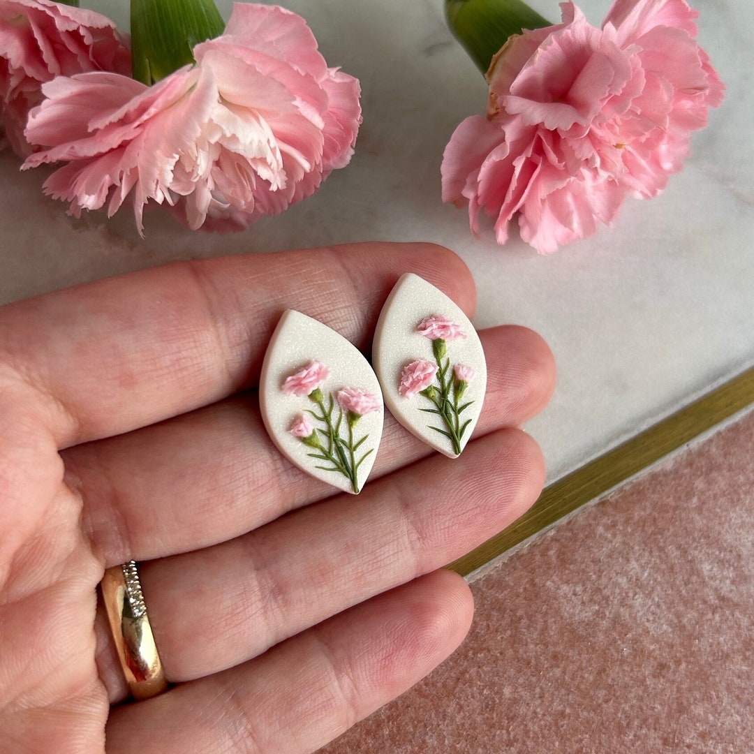 Carnation Studs, January Birth Flower Earrings, Light Pink Floral ...