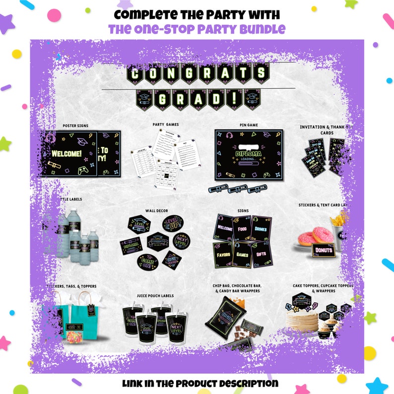 Gamer Graduation Cake, Cupcake Toppers & Wrappers, Neon School Event ...
