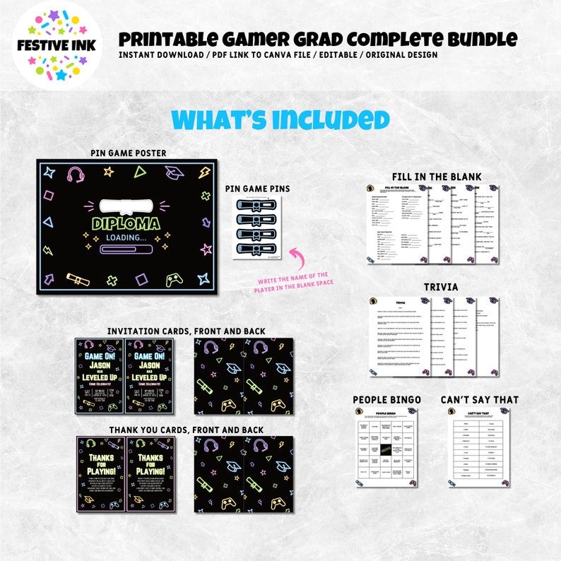 Gamer Graduation Complete Bundle, Colorful Neon Event Decor, Video Game ...