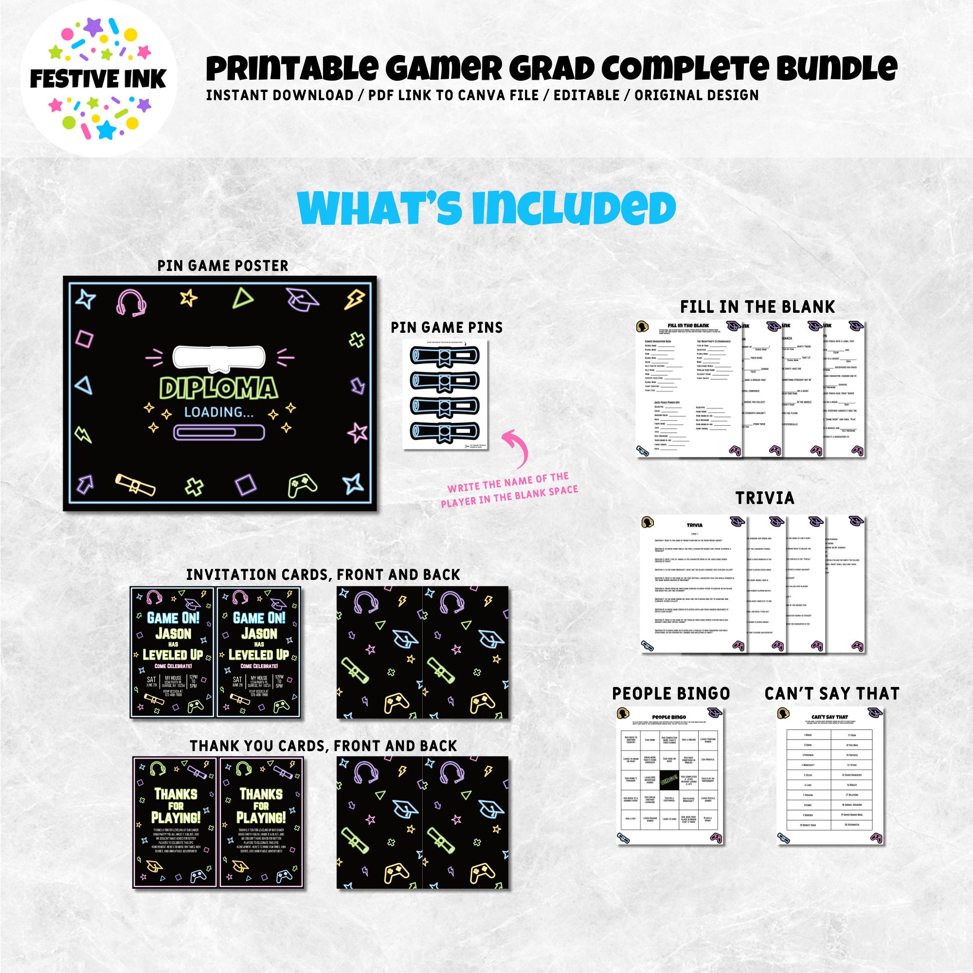 Gamer Graduation Complete Bundle, Colorful Neon Event Decor, Video Game ...
