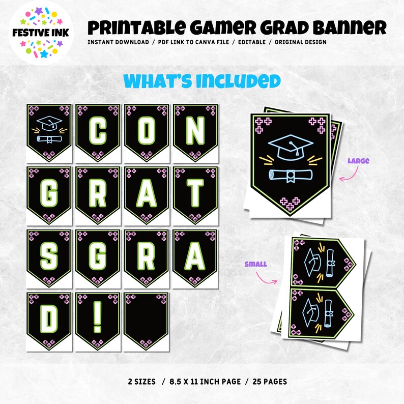Gamer Graduation Banner, Neon School Bunting, Achievement Party ...